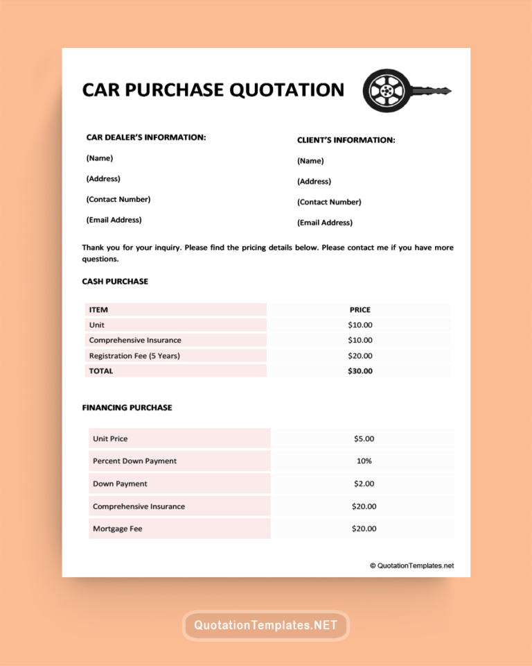 Car Purchase Quote Template - PNK - 220701 – Quote Templates